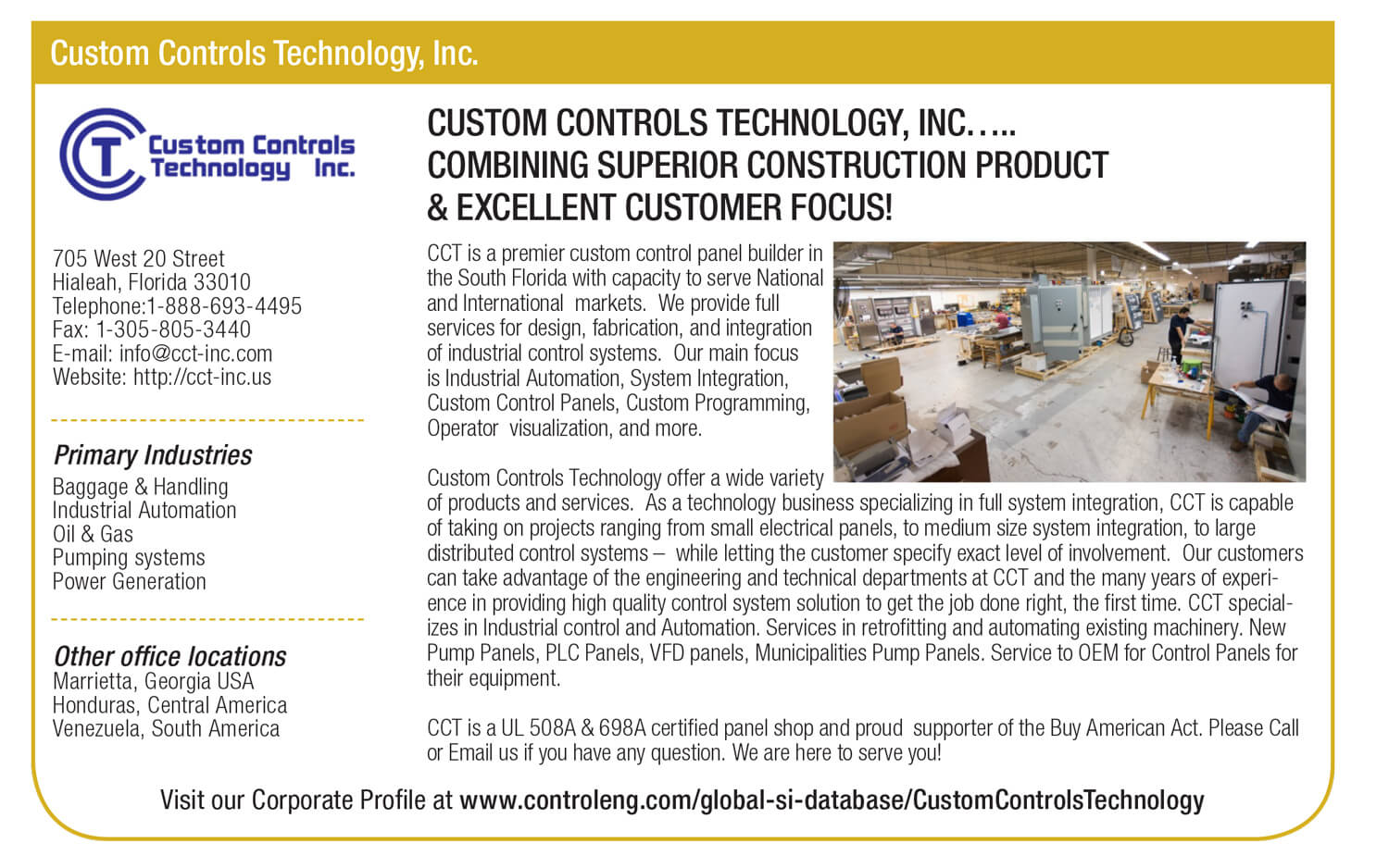 Corporate Close-Up From Control Engineering - Custom Controls Technology